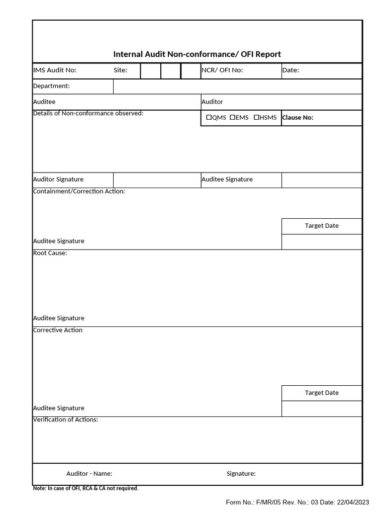 Internal Audit Non-Conformance Report | PDF