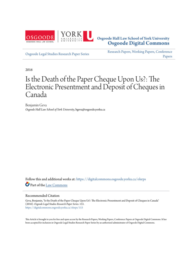 Ben Geva Is The Death of The Paper Cheque Upon Us The Electronic | PDF ...