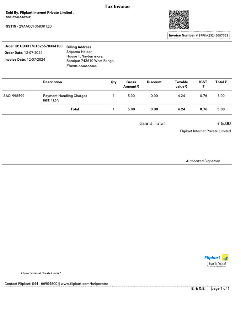 Flipkart Invoice for Airdopes Purchase | PDF