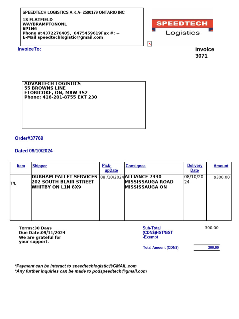 Invoice N 3071 Whitby To Mississauga | PDF
