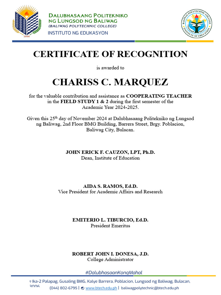 Certificate of Recognition For Cooperating Teacher FS 1 2 A4 | PDF ...