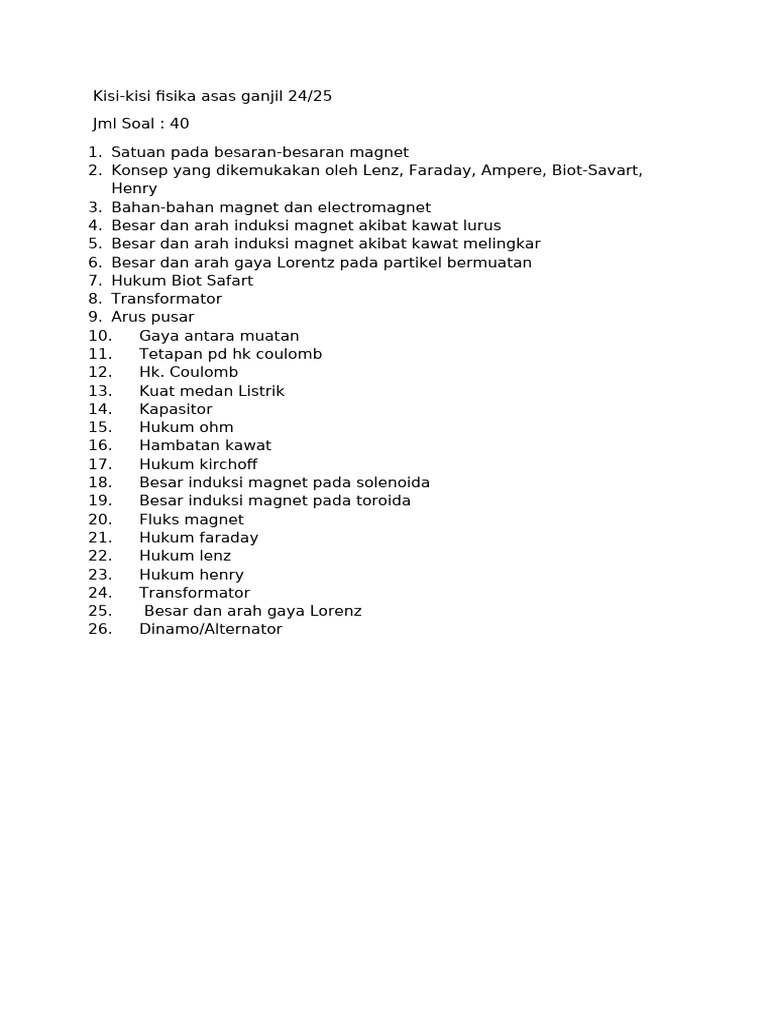 Kisi-Kisi Fisika XII ASAS Ganjil | PDF