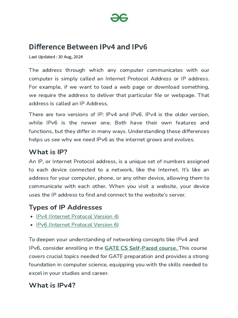 Difference Between IPv4 and IPv6 | PDF | I Pv6 | Internet Protocols