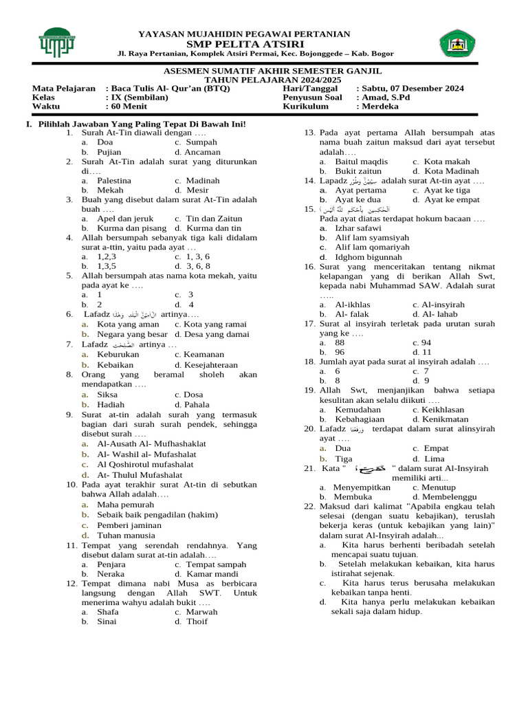 SOAL ASAS BTQ KELAS 9 2024 | PDF