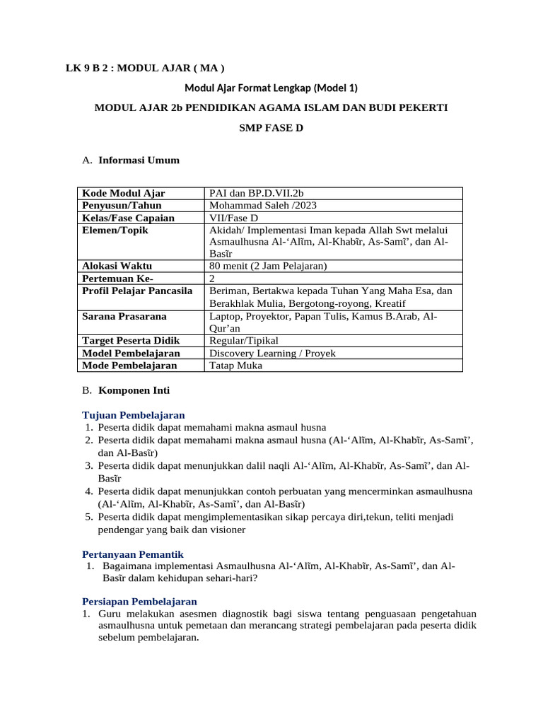 LK 9 B 2 MA PAI DAN BP SMP KELAS VII BAB 2 DISCOVERY- proyek 1 | PDF