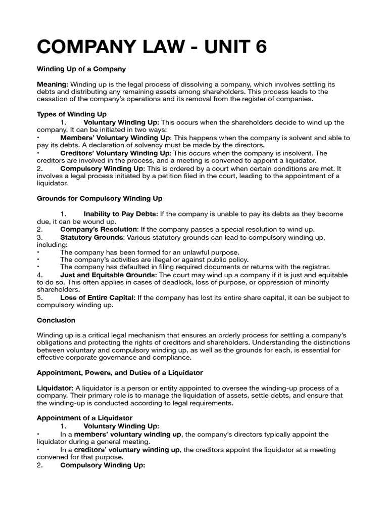 Company Law - Unit 6 | PDF | Liquidation | Mergers And Acquisitions