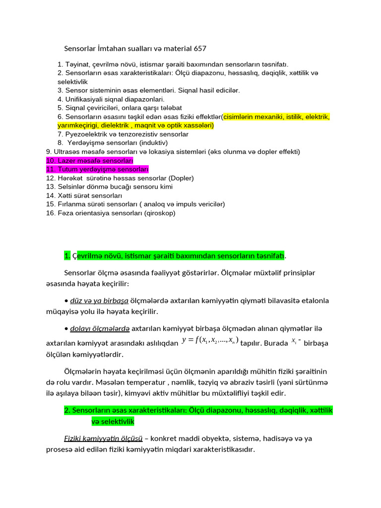 Sensorlar İmtahan Sualları VƏ Material 657 | PDF