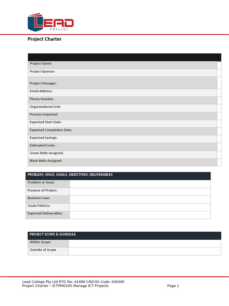 44.ICTPMG505 Project Charter Template.v1.0 | PDF