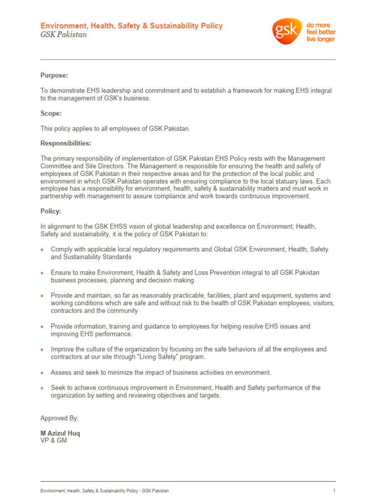 GSK EHS Policy | PDF