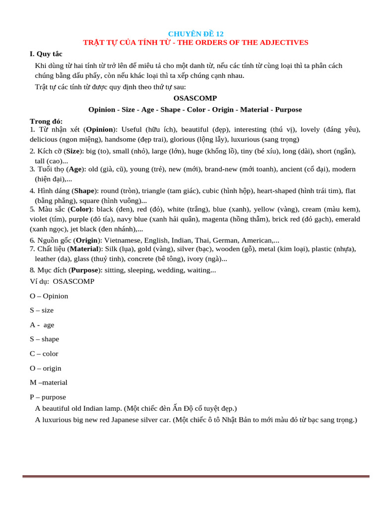 OSASCOMP: Adjective Order Rules | PDF | Vietnam