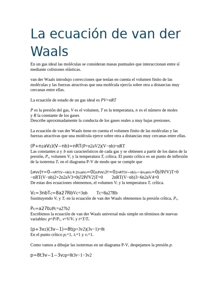 Ecuación de van der Waals y sus aplicaciones | PDF | Gases | Mecánica