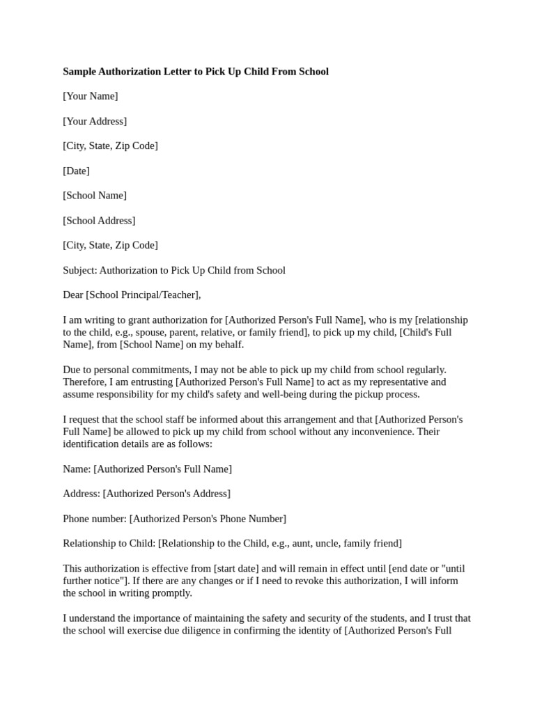 Child Pickup Authorization Letter | PDF