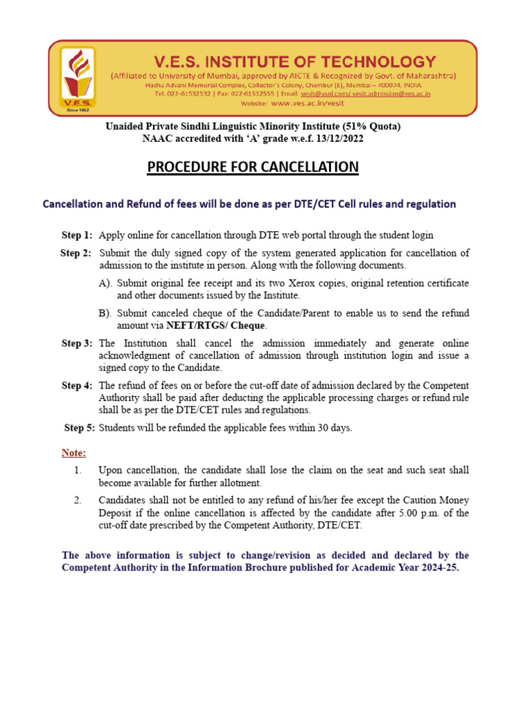 Procedure For Cancellation 24-25 | PDF