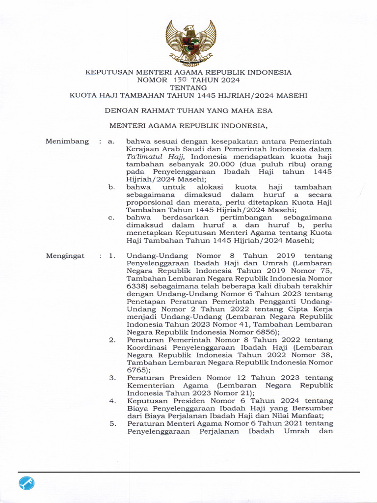 KMA No 130 Tahun 2024 TTG Kuota Haji Tambahan 2024M | PDF