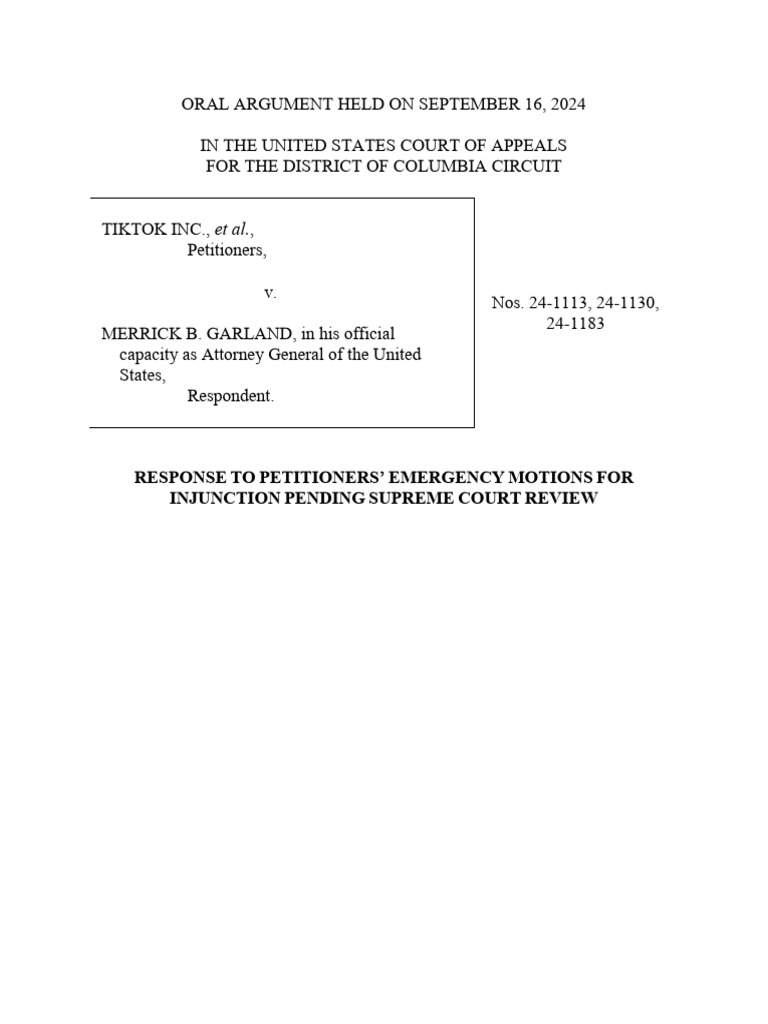 TIkTok-.RESPONSE TO PETITIONERS EMERGENCY MOTION FOR INJUNCTION | PDF | Supreme Court Of The ...