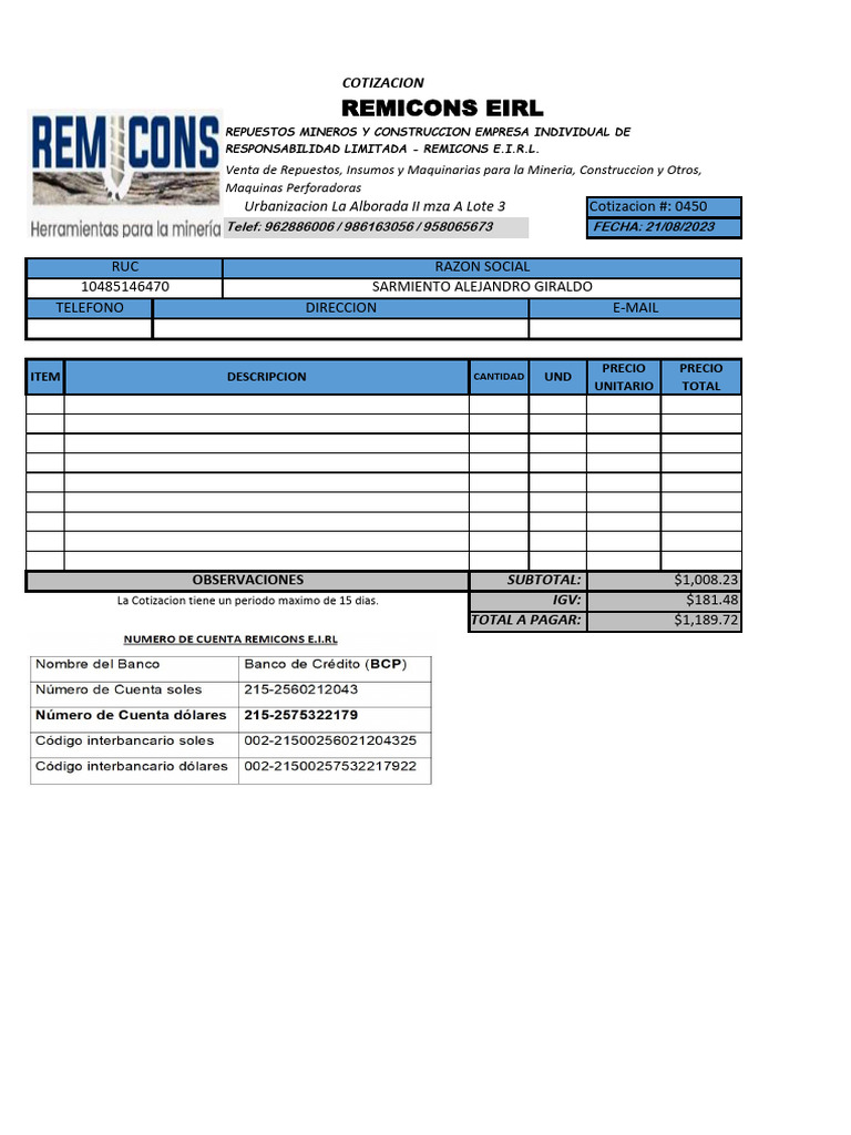 Cotizacion 0450 Alejandro Sarmiento | PDF