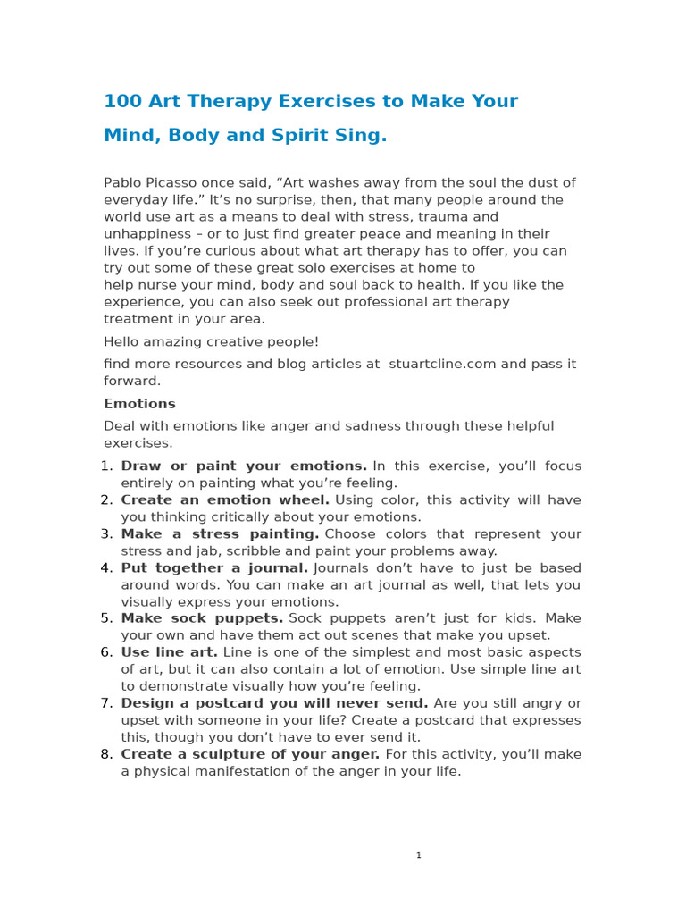 100 Art Therapy Exercises To Make Your Mind | PDF | Art Therapy | Emotions