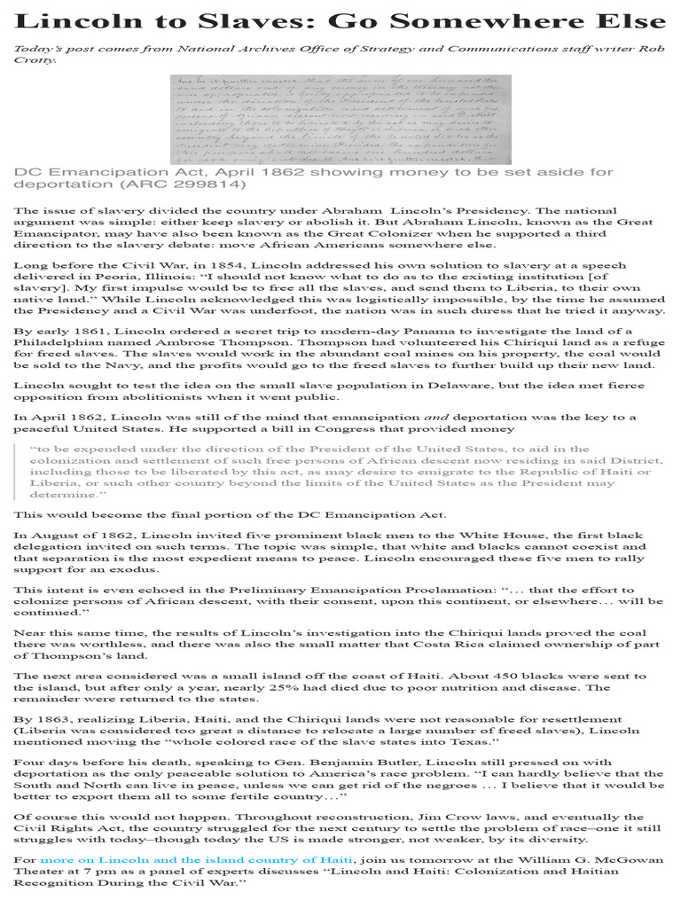 Lincoln To Slaves Go Somewhere Else | PDF | Abraham Lincoln | Slavery