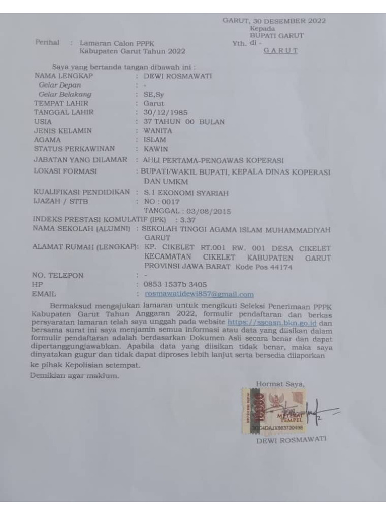 Surat Lamaran Dewi Rosmawati | PDF