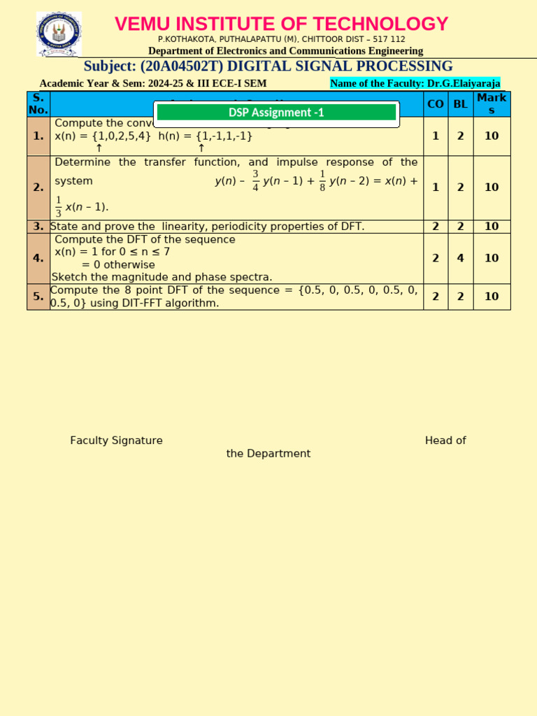 III ECE_ I Sem _DSP Assignment Questions_ 2024_25 | PDF