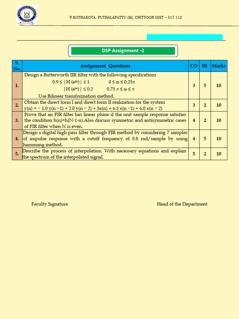 Digital Signal Processing Assignment ECE | PDF
