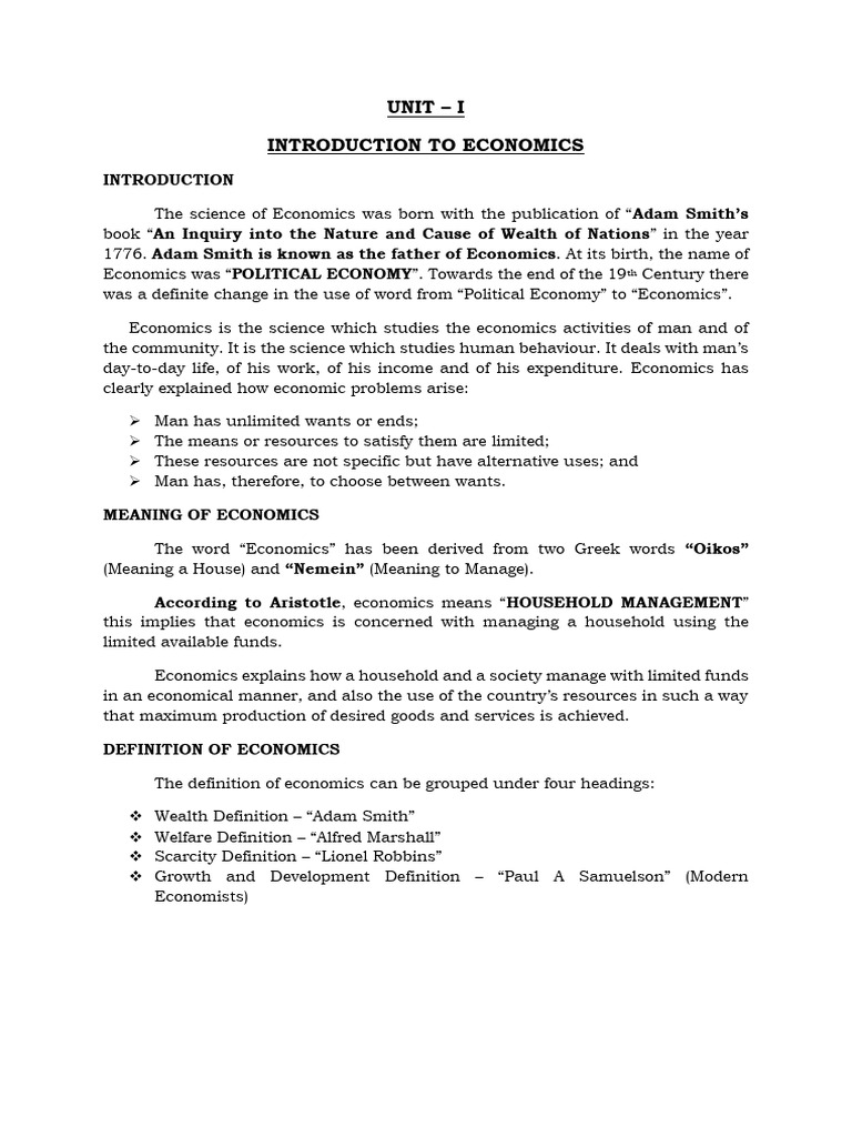 UNIT-1 Introduction To Economics | PDF | Economics | Deductive Reasoning