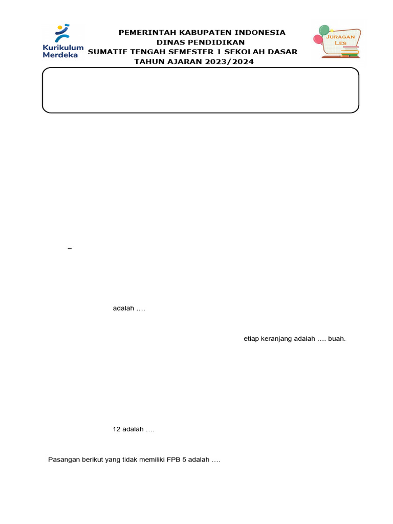 Soal PTS-STS Matematika Kelas 5 Semester 1 Kurikulum Merdeka T.A 2023-2024 | PDF
