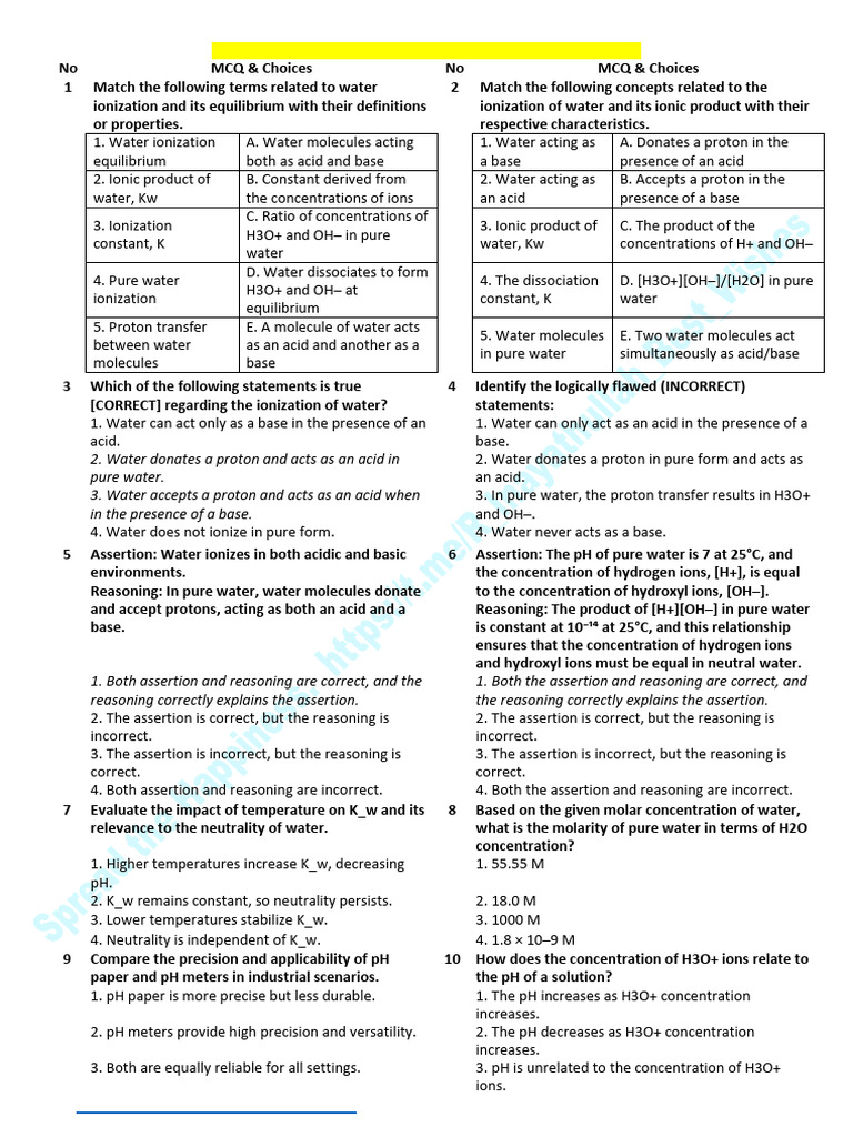 40 MCQs - Ionization Constant of Water & PH Scale | PDF | Ph | Acid