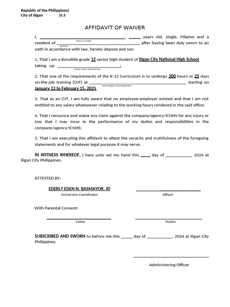 Affidavit of Waiver Shs | PDF