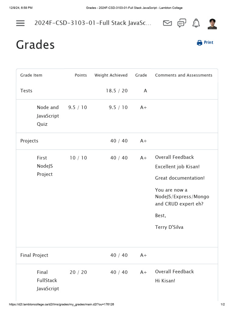 Grades - 2024F-CSD-3103-01-Full Stack JavaScript - Lambton College | PDF | Java Script ...
