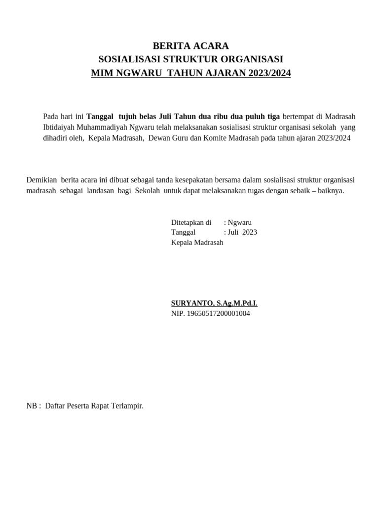 Sosialisasi Struktur Organisasi MIM Ngwaru | PDF
