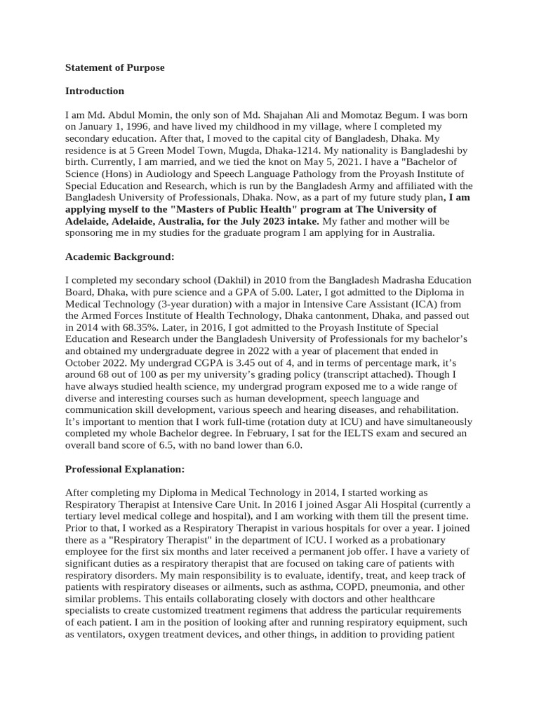 Statement of Purpose for MPH in Australia | PDF | Cost Of Living ...