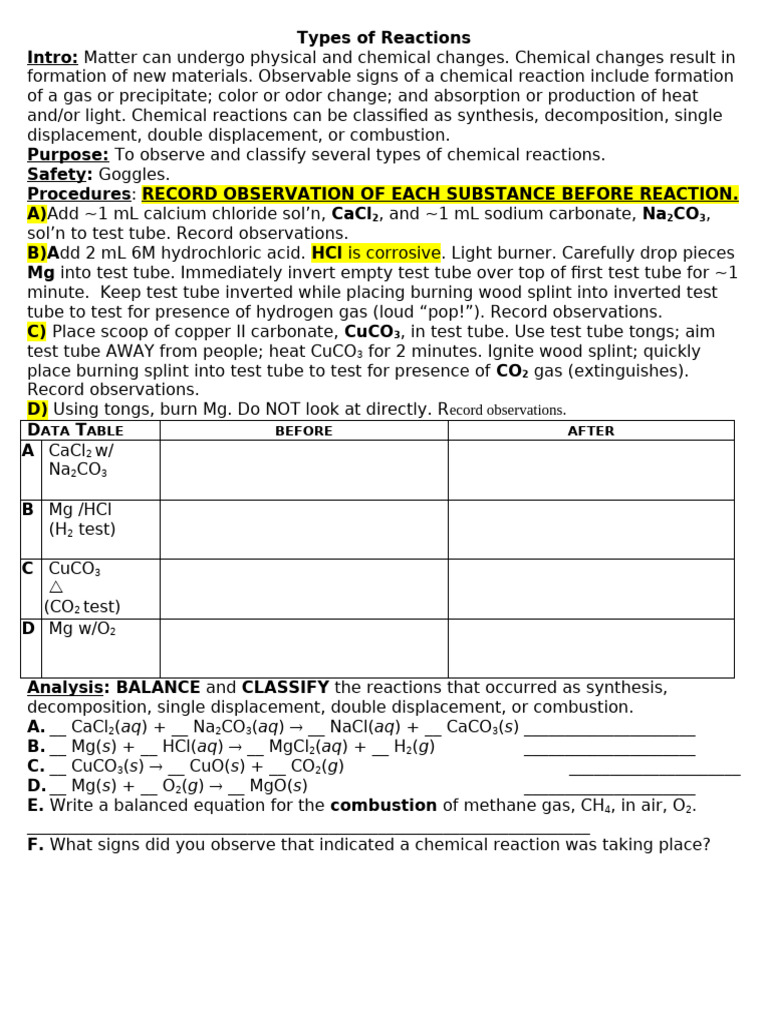 Lab-Types of Reactions | PDF