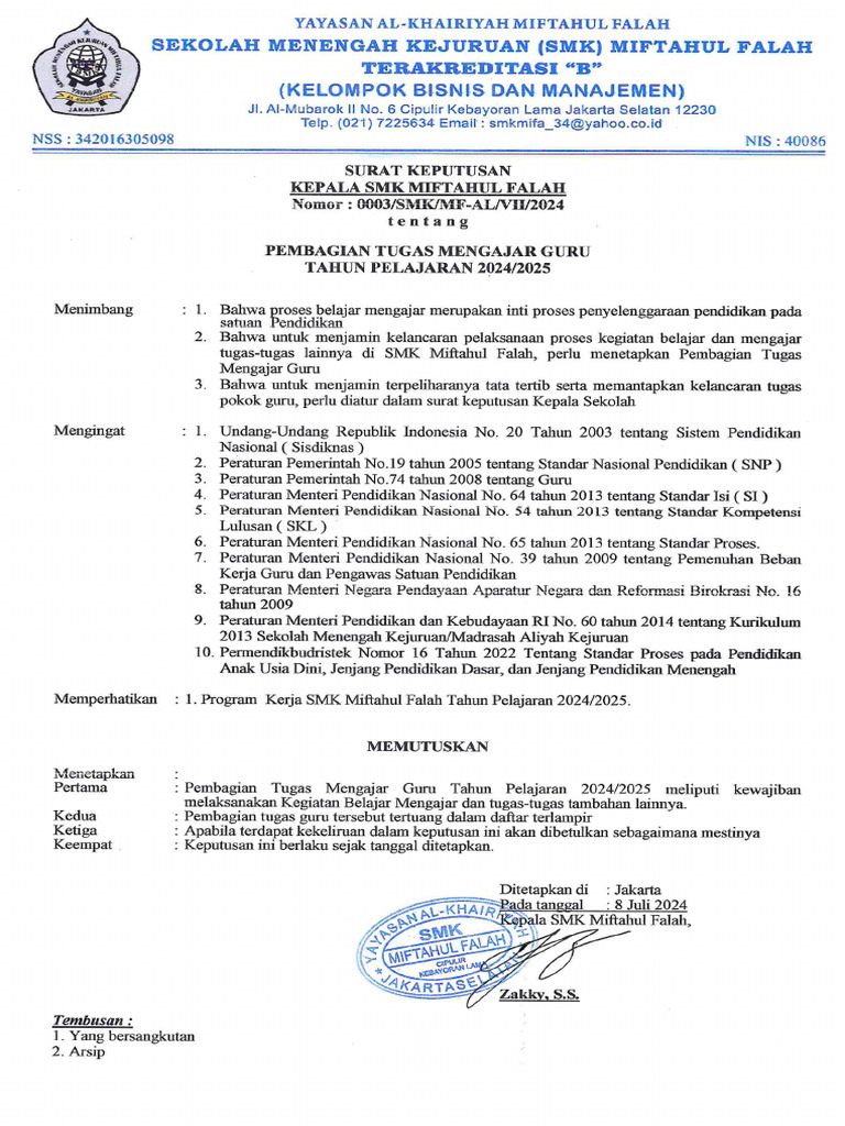 SK Pembagian Tugas Guru 2024-2025 | PDF