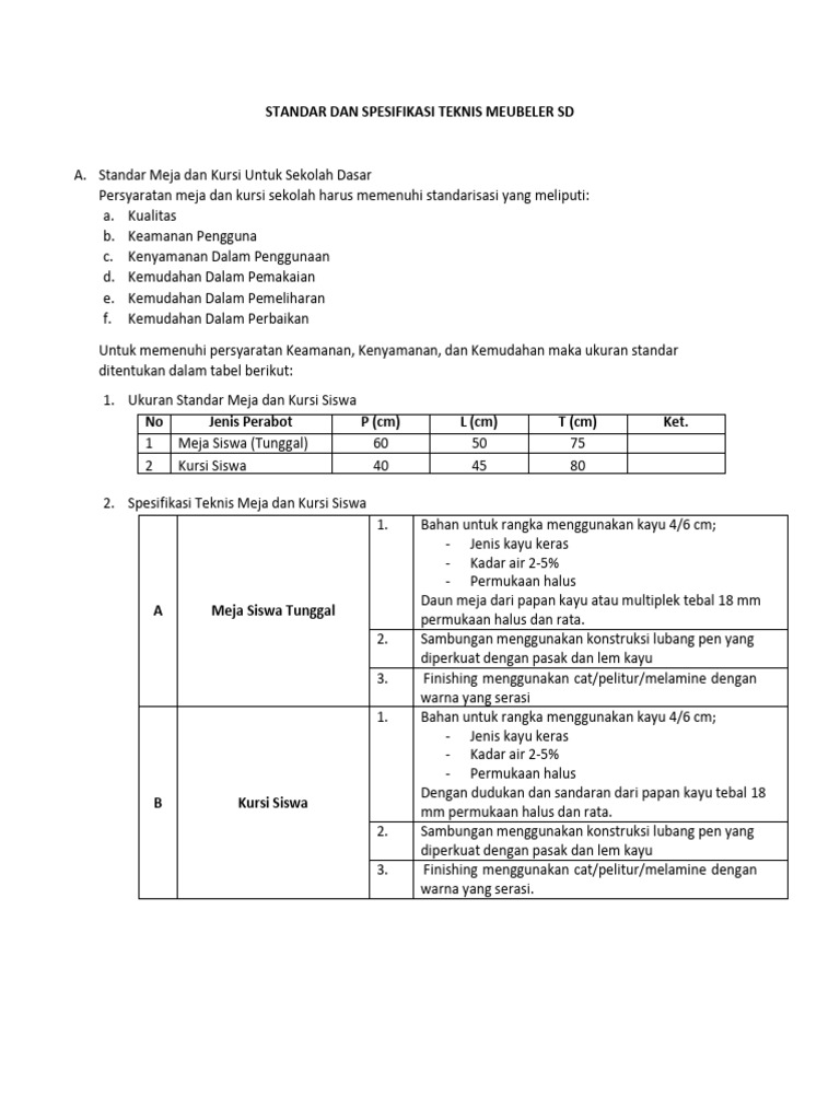 Standar Dan Spesifikasi Teknis Meubeler SD | PDF