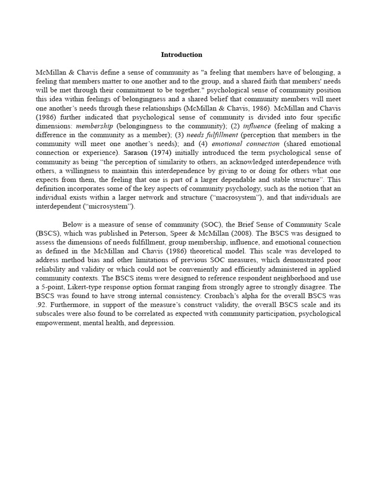 Brief Sense of Community Scale Write Up | PDF | Community | Behavioural ...
