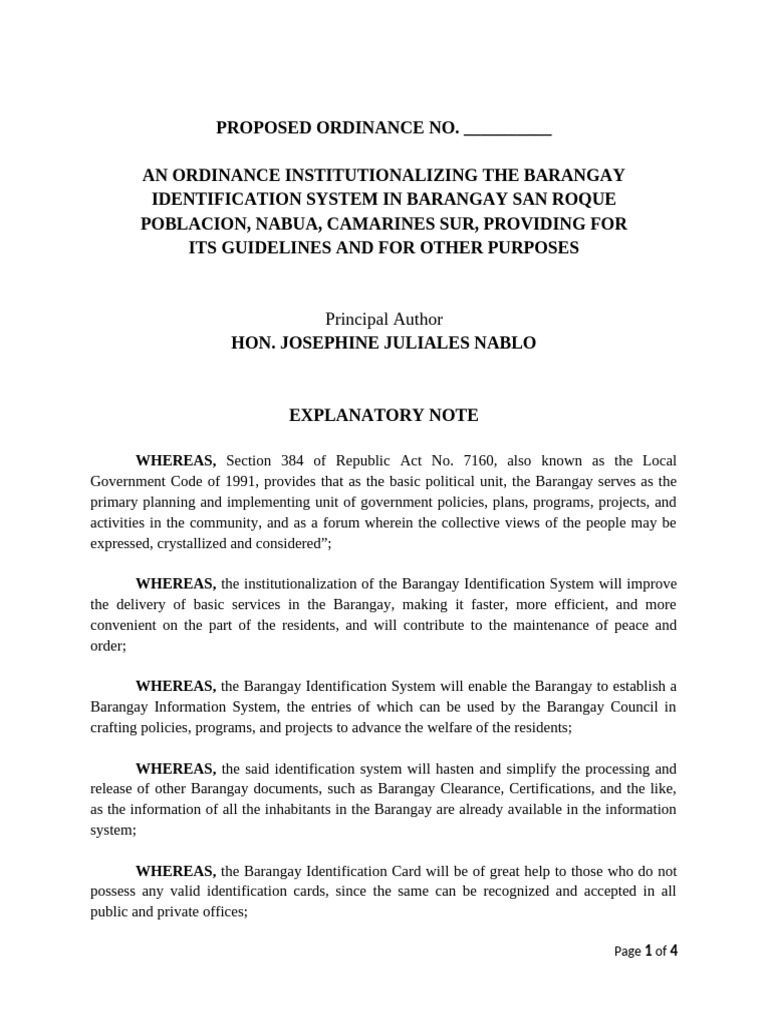 Barangay Id System Ordinance San Roque Poblacion | PDF | Identity ...