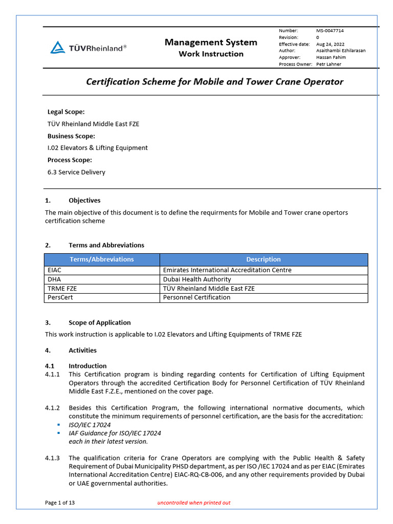 Certification Scheme Mobile and Tower Crane Operator | PDF | Crane ...