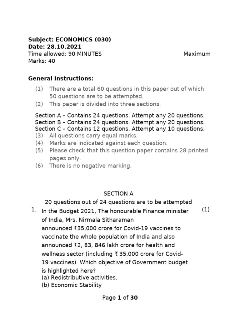 TERM 1 CLASS 12 PAPER 2021 - Economics | PDF | Economies | Money