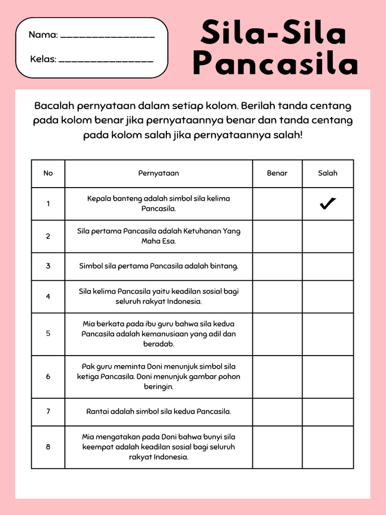 Lembar Kerja Sila-Sila Pancasila Pink Putih | PDF
