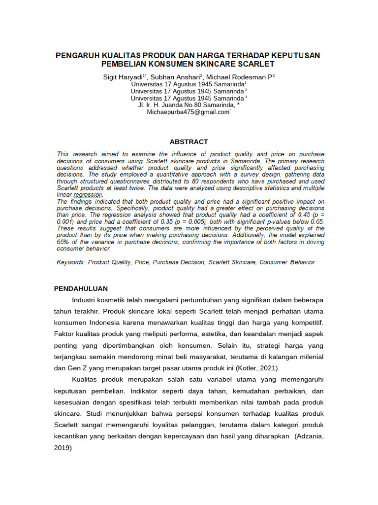 PENGARUH KUALITAS PRODUK DAN HARGA TERHADAP KEPUTUSAN PEMBELIAN KONSUMEN SKINCARE SCARLET | PDF