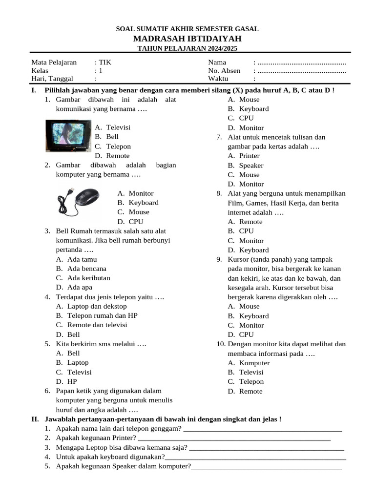 Soal TIK Kelas 1 Gasal 2024-2025 | PDF
