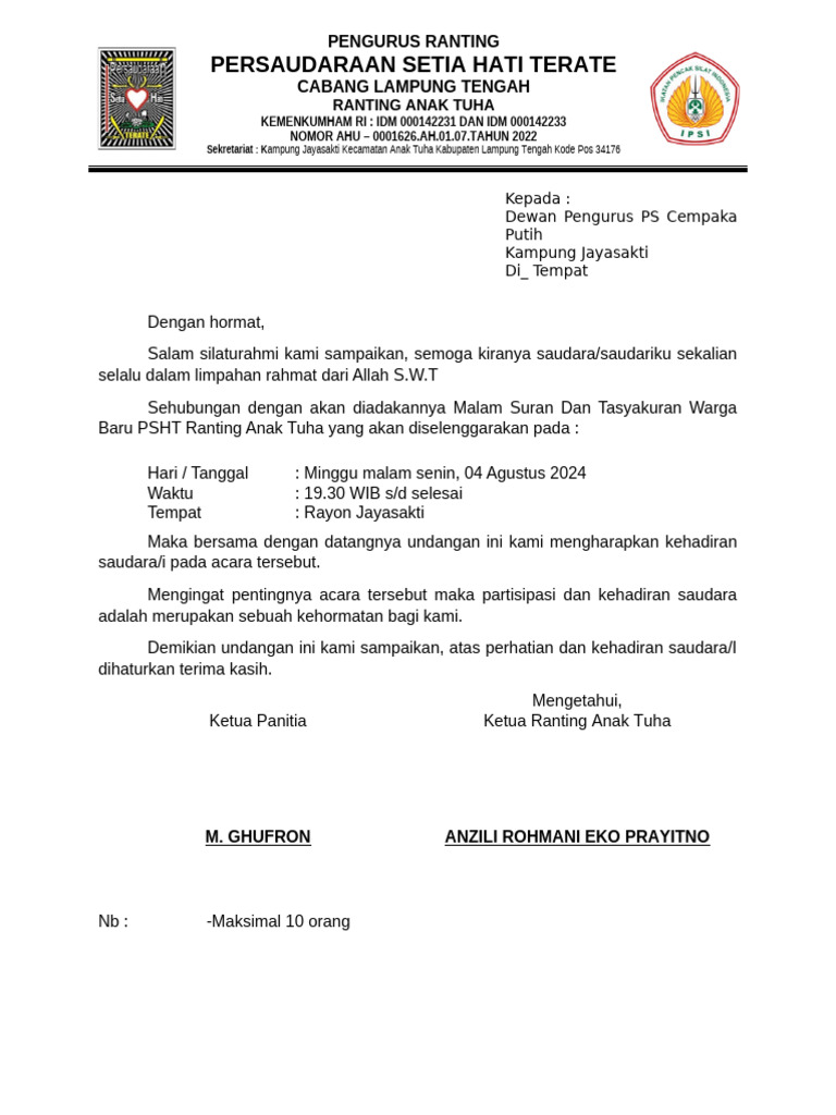 Undangan Malam Suran PSHT Anak Tuha | PDF