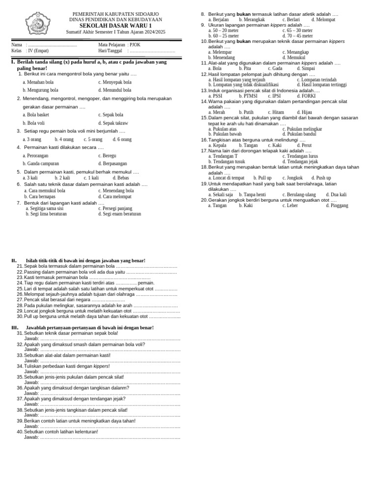 SOAL SAS PJOK KELAS 4 SEMESTER 24 | PDF