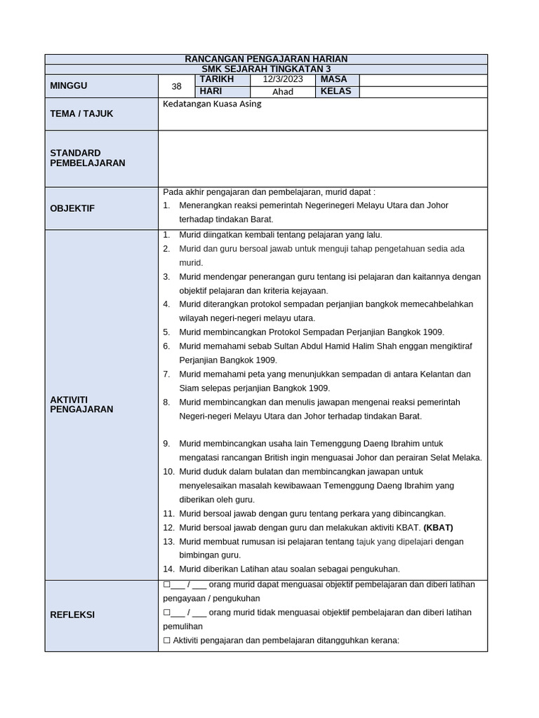 RPH RINGKAS MINGGU 38 SMK SEJARAH TINGKATAN 3 BY CIKGU GORGEOUS | PDF