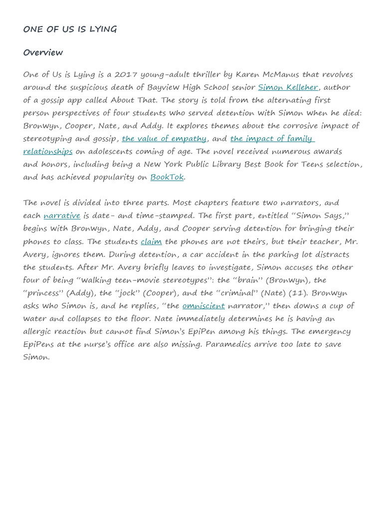 Teen Thriller: One of Us is Lying | PDF