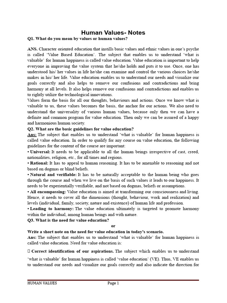 Human Values Notes | PDF | Pleasure | Thought