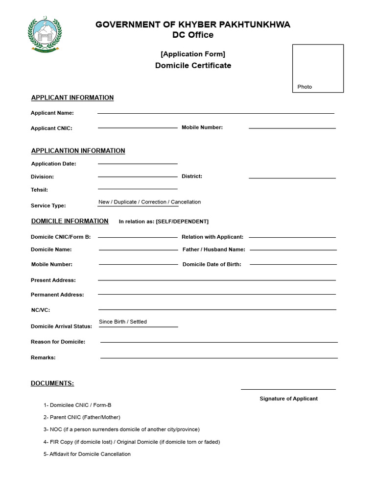 Khyber Pakhtunkhwa Domicile Certificate Form | PDF | Domicile (Law ...
