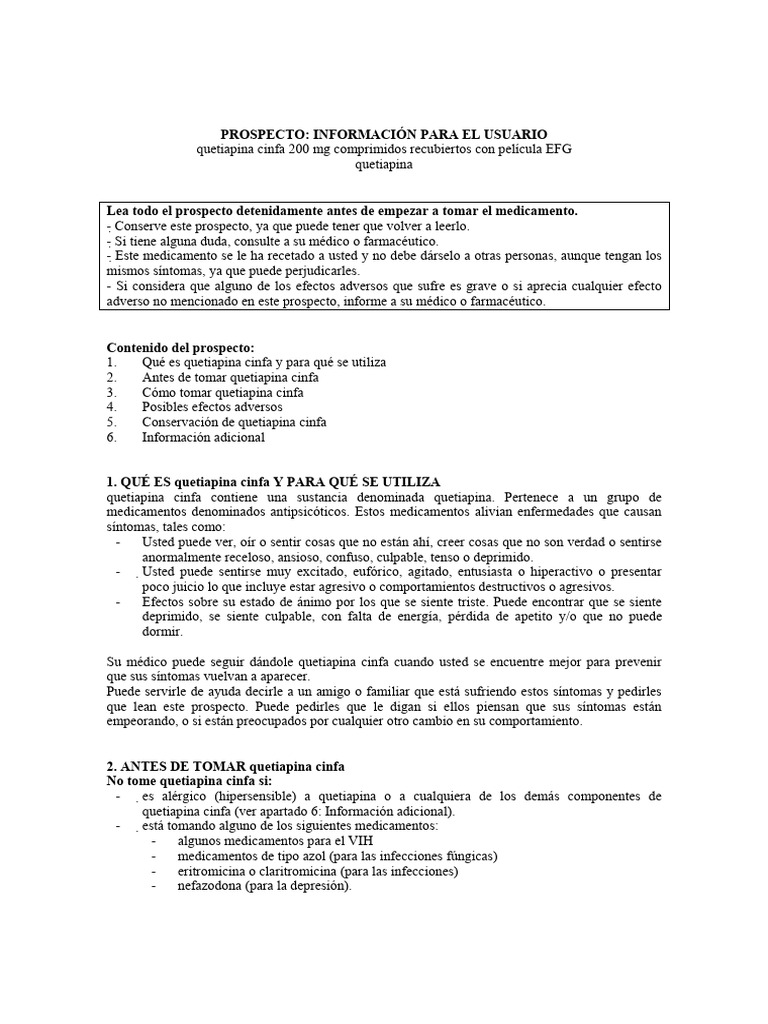 Quetiapina Cinfa 200 mg: Prospecto y Uso | PDF | Depresión (estado de ...