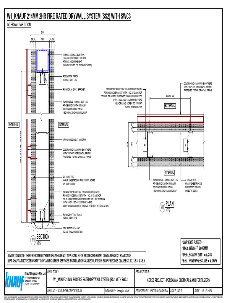 W1 - Knauf 214MM 2HR Fire Rated Drywall System (SS2) With SWC3 1 | PDF | Drywall | Civil Engineering